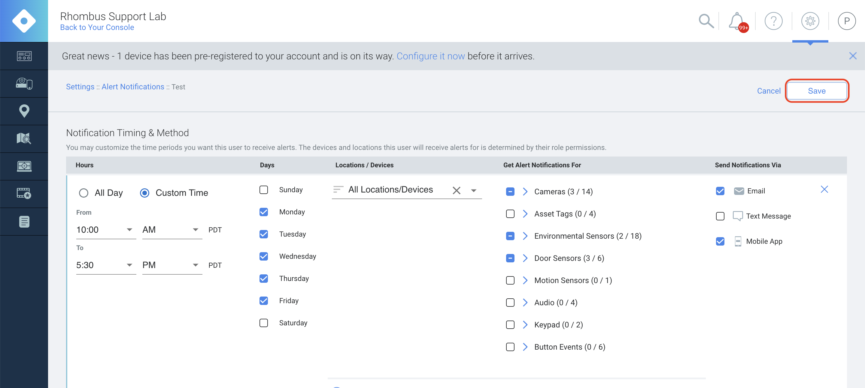 User-Based Alert Notifications – Rhombus Support
